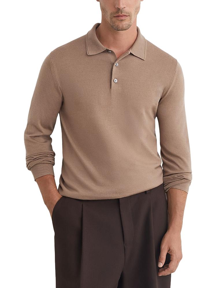 REISS camel brown wool slim polo shirt